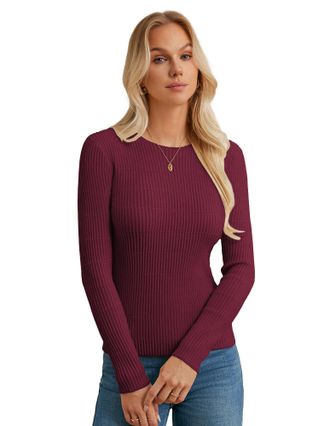 Grace Karin Damen Eleganter Langarmshirt mit Reverskragen Rundhalsausschnitt Stretch D&uuml;nner Pullover Bluse Rot M