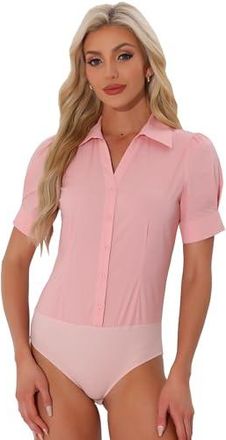 Allegra K Chemisier Body Femme de Bureau boutonné Bodysuit Une pièce à Manches Courtes Body Chemise de Travail Rose S