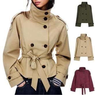 Generic Trench court pour femme automne 2025 design r&eacute;tro revers double boutonnage lacets polyvalent court automne trench, kaki, S