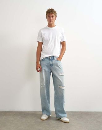 Topman jean baggy rigide effet us&eacute; d&eacute;lavage clair-Bleu