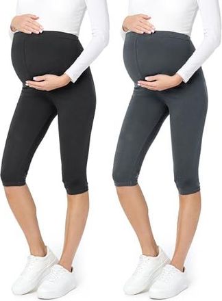 Be Mammy Leggings de maternité en Coton 3/4 Courts Confortables et Opaques 3/4 Pantacourt Pantalon Grossesse Maternité 2Pack BE20-229 (2Pack Noir/Graphite XL)