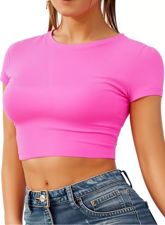 Re Tech UK Damen Crop Top - Rundhalsausschnitt - kurzärmlig - bauchfrei - Pink - 36/38