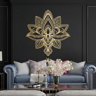 Generic Metall-Wanddeko mit Lotusblume im Boho-Stil, Lotus-Dekor, H&auml;ngende Blumensilhouette, Yoga-Studio (Gold, 27x28|67x70 cm)