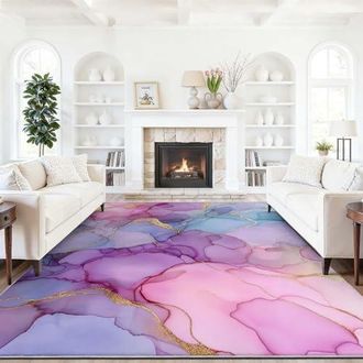 Generic Moderne Antid&eacute;rapant Tapis Violet - Doux R&eacute;sistant Lavable en Machine Tapis &agrave; Motif Abstrait Aquarelle Encre &Agrave; Alcool Poil Ras Moquette pour Salon Cha