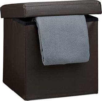 Relaxdays Faltbarer Sitzhocker, Sitzcube mit Stauraum u. Deckel, Fußablage, Sitzwürfel aus Kunstleder, 38x38 cm, braun