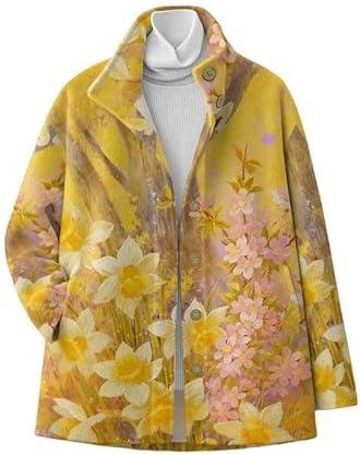 Keephen Boho Floral 3D Impression Femmes Flou Polaire Veste Revers Col Flanelle Bouton Manteau Manches Longues Chaud Hiver Manteau avec Poches