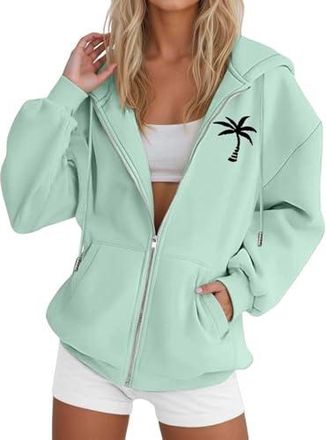 Generic 2026 Veste &agrave; capuche d&eacute;contract&eacute;e &agrave; manches longues avec cordon de serrage pour femme Motif arbre, vert clair, 3XL