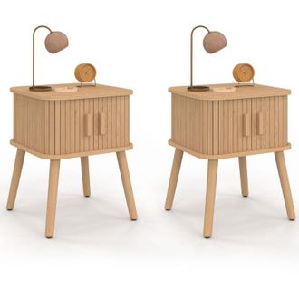 IDMarket Idmarket - Lot de 2 tables de chevet romie 2 portes coulissantes lattes tasseau bois coloris ch&ecirc;ne