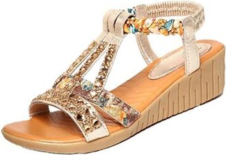 Minetom Sandales pour Femmes Été Bohême Plate-Forme Chaussures À Semelles Compensées Cristal Gladiateur Rome Chaussures De Plage Décontracté Bande Élastique A