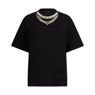 Liu Jo Schwarzes T-Shirt mit Perlenkragen und Strass - - Tops - Damen - Schwarzk - M