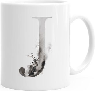 Autiga Buchstaben-Tasse J Tasse mit Buchstabe Alphabet Monogramm Watercolor gezeichnet Kaffeetasse wei&szlig; unisize