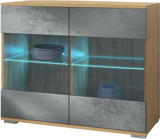 Vladon Kommode Bari V3, Moderner K&uuml;chenschrank mit 2 gro&szlig;en Glast&uuml;ren inkl. RGB Beleuchtung Eiche Evoke/Beton Dunkel Optik (92,5 x 75.5 x 35)