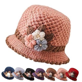 Generic Chapeau de laine tricot&eacute; &agrave; fleurs pour femme, chapeau en laine tricot&eacute;e &agrave; fleurs pour femmes, chapeaux mignons pour femmes, rose, Taille unique