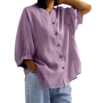 Generic Chemisier en lin pour femme - Col rond - Manches 3/4 - Couleur unie - Boutonn&eacute; - Haut d&eacute;contract&eacute; - &Eacute;t&eacute; - Grande taille - Mousseline et lin - Hauts re