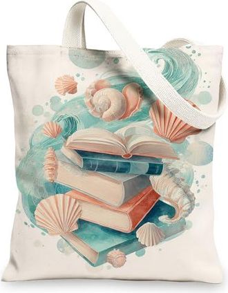 Generic Sacs fourre-tout en toile de coquillage, motif artistique de vagues de locéan, sacs de courses réutilisables, élégants et nautiques, légers et lavable