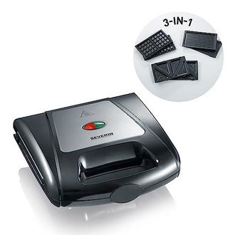 Severin 3in1 Sandwichmaker-Toaster, auswechselbare Platten: Brüsseler-Waffeleisen, Grillplatten, Sandwich-Toasts, antihaftbeschichtet, 1.000 W, Edelstahl-gebü