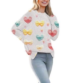 Generic Pull pour femme avec imprimé graphique de coeur, pull dhiver décontracté en tricot mignon surdimensionné pour femmes, manches longues, col rond, doux,