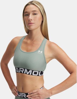 Under Armour HeatGear Armour Mid Branded Sport-BH für Damen Expedition Grün / Weiß XXL