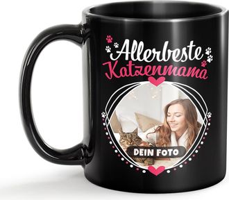 Tassendruck Katzen-Tasse mit Foto gestalten - Allerbeste Katzenmama - Persönliches Geschenk für Katzenliebhaber | Personalisiertes Geschenk, Keramik Schwarz, 300 