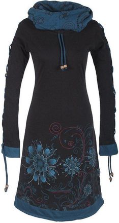 vishes Midikleid Bedrucktes Blumen Kleid mit Schalkragen - Schn&uuml;ren Ethno, Hippi, Boho, Goa Style