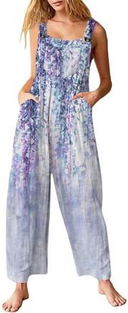 Generic EMUKFD Salopette boh&egrave;me pour femme - Style ethnique vintage - Patchwork - Jambe large - Imprim&eacute; floral - Combinaison d&eacute;t&eacute; d&eacute;contract&eacute;e - Barboteuse bo