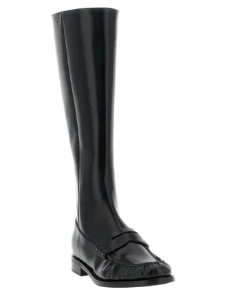 Prada Womens Black Calfskin Over The Knee Shoe