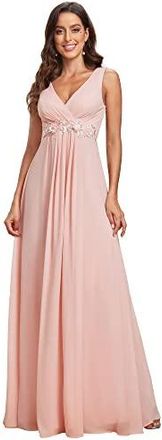 Ever-pretty Robe Mariage Invitée Femme Longue Plis de Fleurs Décolleté en V sans Manches A Line Chic Rose Clair 36