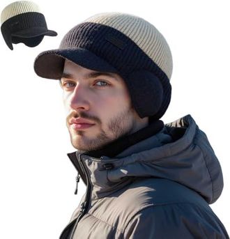 Generic Windproof Thermal Cap with Visor, Winter Knitted Earflap Hat with Brim and Ear Flaps, Cozy Fleece Lined Thermal Beanie (Begie)