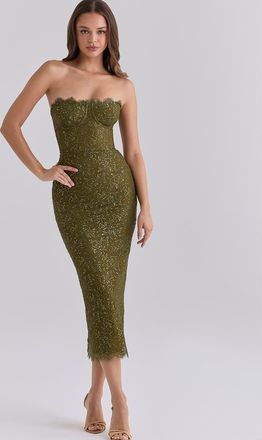 House of CB Alexia tr&auml;gerloses Midikleid aus Metallic-Spitze in Olive-Gr&uuml;n