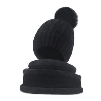 Generic Ensemble de deux pi&egrave;ces &eacute;charpe et chapeau en laine pour femme - En polaire chaude et coupe-vent, Noir, Taille unique