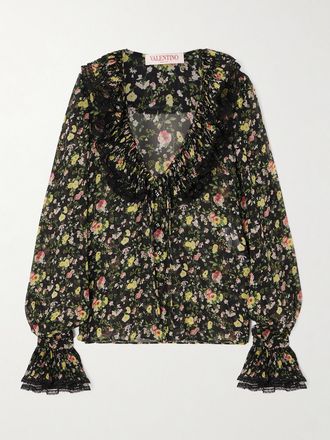 Valentino Garavani Bluse Aus Bedrucktem Seidenchiffon Mit R&uuml;schen - Schwarz