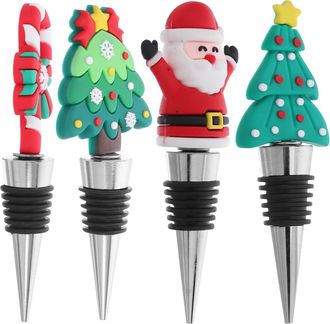 Garneck 4 St&uuml;ck Weihnachtsflaschenverschluss mit Silikonoberteil Wiederverwendbarer Bier Weinverschluss Festhaltend f&uuml;r Frische mit Weihnachtsmann Tannenbaum 