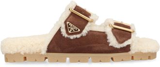 Prada Womens Suede Slippers With Metallic Logo Brown Calf Sandal