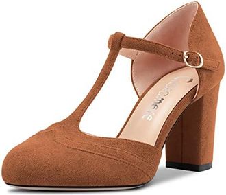 Castamere Femmes Bloc Chunky Haut High Talon Heel Rond Bout Escarpins T-Strap Boucle Mariage Bureau 8.5 CM Heels Marron 37 EU