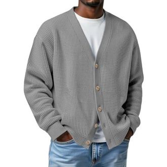 Generic Cardigan textur&eacute; gaufr&eacute; pour homme, manches longues, col en V, ouvert sur le devant, l&eacute;ger et boutonn&eacute;, gris, 3XL