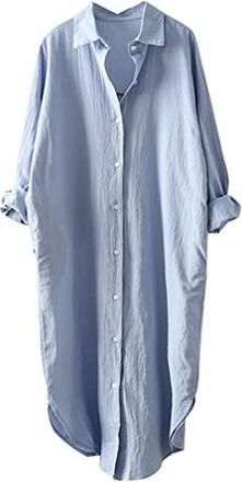 Minetom Chemisier Long Femme Casual Blouse Longue À Carreaux Chemise Shirt Tunique Lâche Manches Longues Boutons Hauts Tops L Bleu XXL