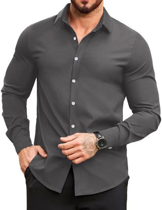 Coofandy Freizeithemd Herren Einfarbig Regular Fit Freizeithemd Button Down Shirt Bügelfreie Hemden Dunkelgrau XXL