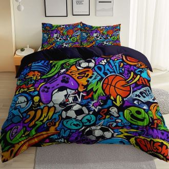 Generic Dunkelviolett Bettw&auml;sche-Set mit Bettbezug Rei&szlig;verschluss, weich langlebig 3-teilig mit Gekritzel Karikatur Musikalisch Notizen Football Muster f&uuml;r Ki