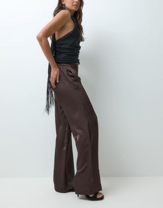 Object Tailored-Satin-Hose mit weitem Bein in Braun
