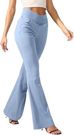 Generic Jeans 2026 pour femmes pantalon de yoga taille haute extensible évasé avec poches, bleu clair, XXL