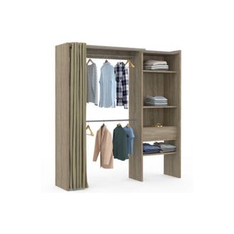 IDMarket Ausziehbares Ankleidezimmer marty 120/170 x 50 x 180 cm Buche mit Regalen + doppelter Garderobe + taupefarbener Vorhang
