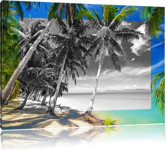 Pixxprint wunderschöner Strand mit Palmen B&W, Größe: 60x40cm, Leinwandbild, fertig gespannt, Wandbild, Dekoration, Kunstdruck, kein Poster