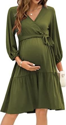 KOJOOIN Robe de maternité pour Femme Col en V Manches 3/4 Robe dallaitement à Volants Robes de maternité avec Ceinture,Vert armée (Manches 3/4),L