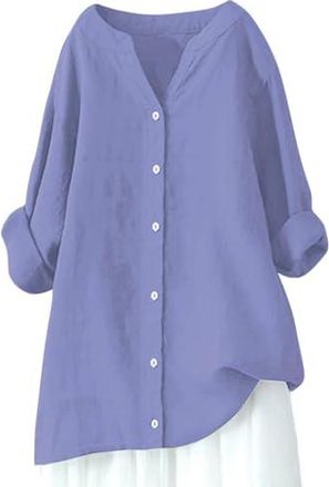 Generic Hauts d&eacute;t&eacute; en lin pour femmes, chemises en gaze d&eacute;contract&eacute;es &agrave; franges pour printemps, tuniques surdimensionn&eacute;es &agrave; manches 3/4, chemisier &agrave; manches l