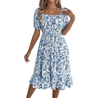 Generic Robe d&eacute;t&eacute; florale boh&egrave;me &agrave; manches courtes bouffantes &agrave; nouer sur le devant pour femme, bleu, XL