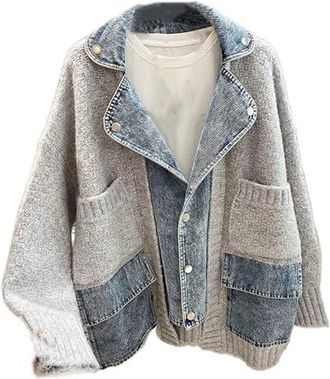Generic Femmes &eacute;pissage veste en jean l&acirc;che &eacute;paissie pull tricot&eacute; manteau cardigan &agrave; manches longues pull (Gris,Taille unique)