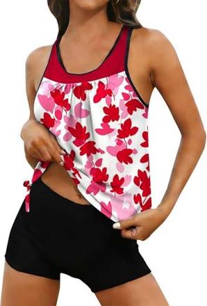 Generic Maillot de bain tankini deux pi&egrave;ces pour femme avec short boyleg - Contr&ocirc;le du ventre - Taille haute - D&eacute;bardeur de bain vintage &agrave; imprim&eacute; floral - Po