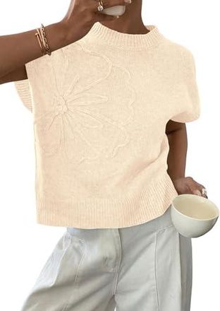 Generic Pull pelucheux &agrave; manches courtes pour femme - Tendance - En tricot floral - Joli pull - D&eacute;bardeurs d&eacute;contract&eacute;s - Tenue de bureau, abricot, XL