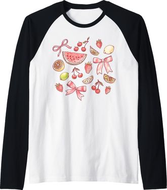 Trendy Apparel Assorted Jumble of Fruits and Cute Pink Bows Raglan