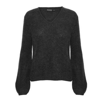 Soaked In Luxury Pull noir &agrave; col en V avec manches bouffantes - Femme - Pulls - Noir - Taille: 42 FR